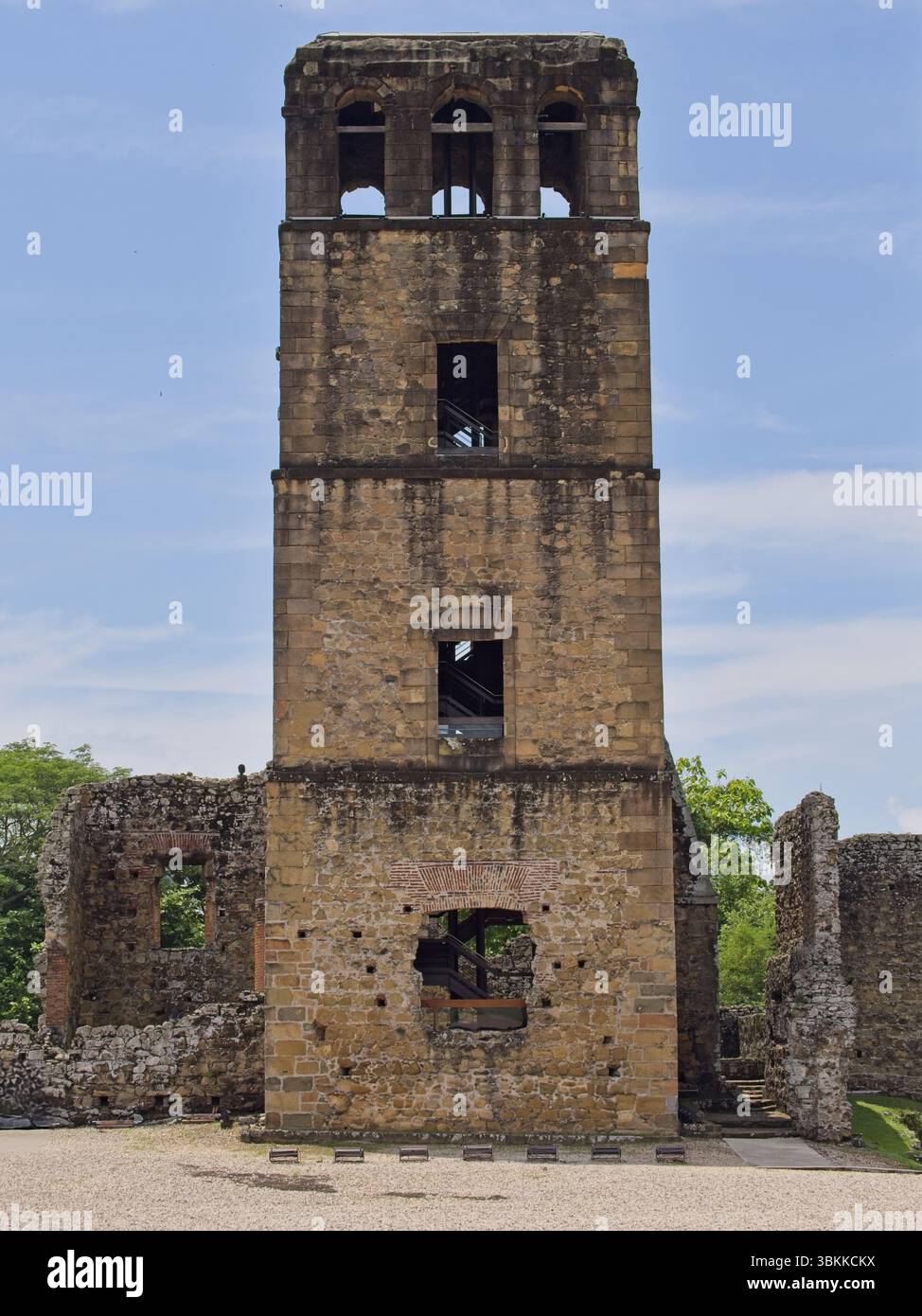 Old Panama Cathedral tower in Panama Viejo, Panama (frontal view Stock ...