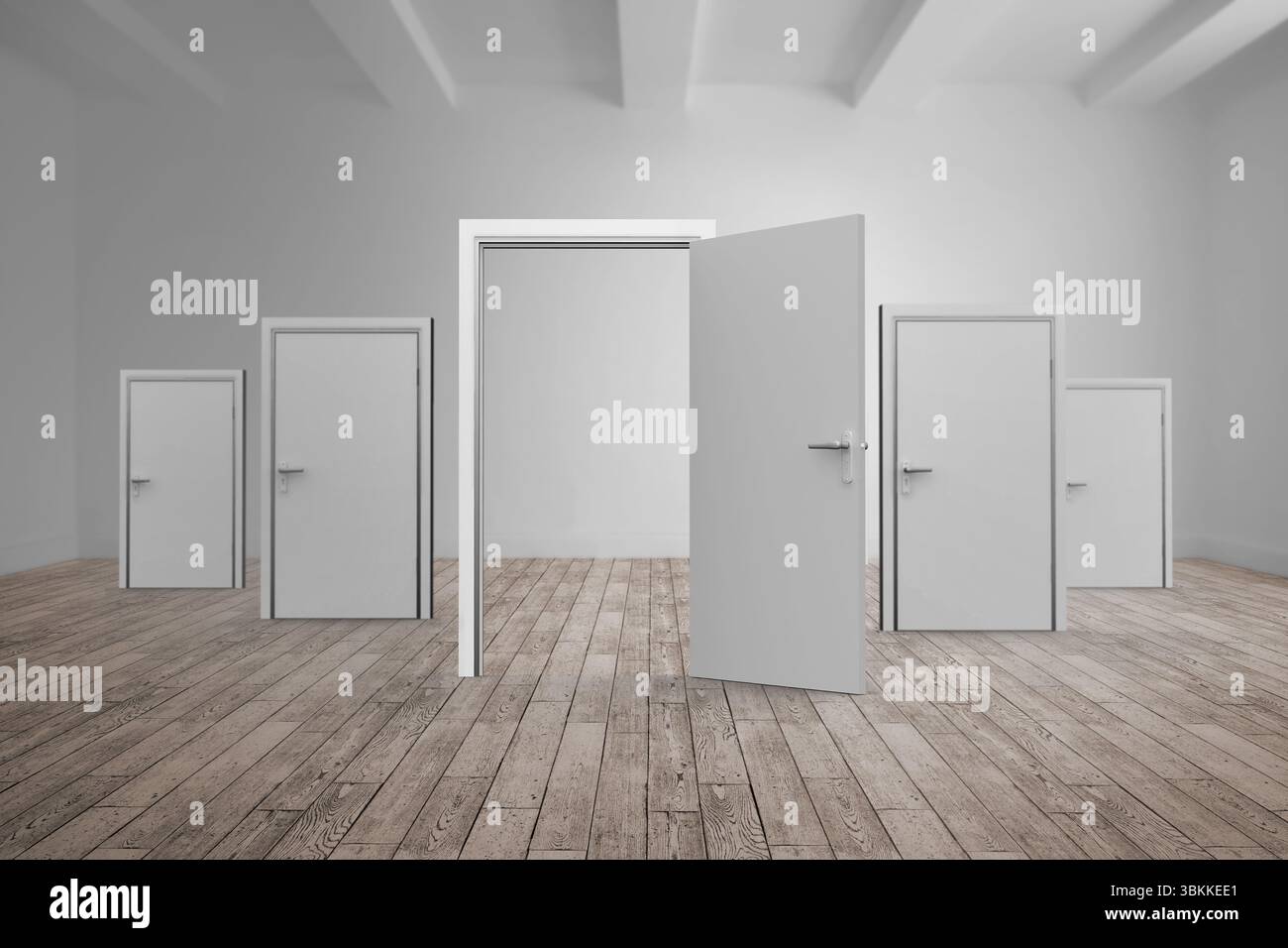 Large open door is standing in minimalist flat design room, showing ...