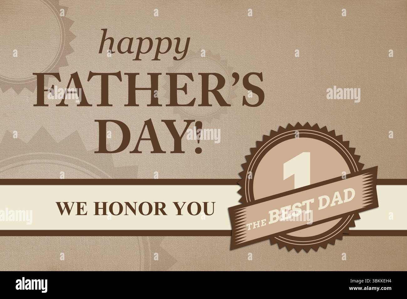 Flat design greeting card is featuring Father's Day text, cream WE HONOR YOU banner, serrated ...