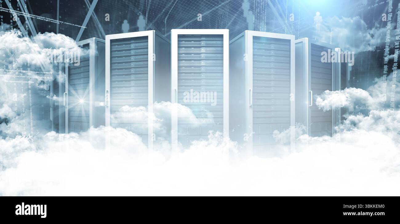 Central server cabinets are floating in flat design cloud scene with glowing doors and binary ...
