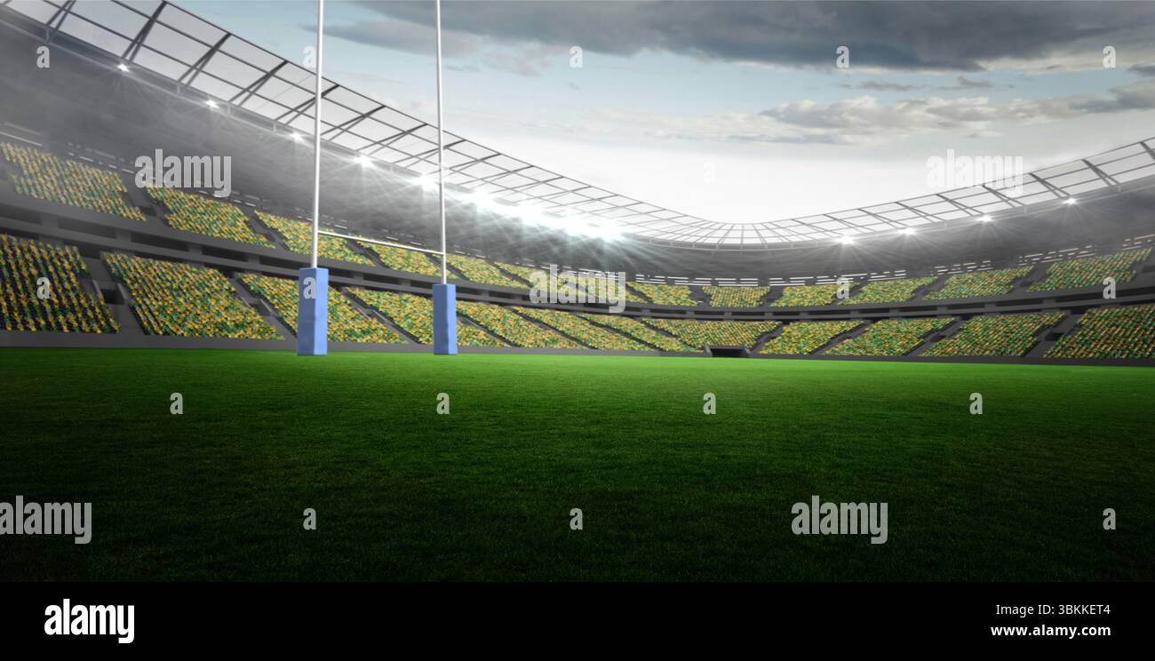 Flat design is showing open roof stadium grass field with blue padded ...