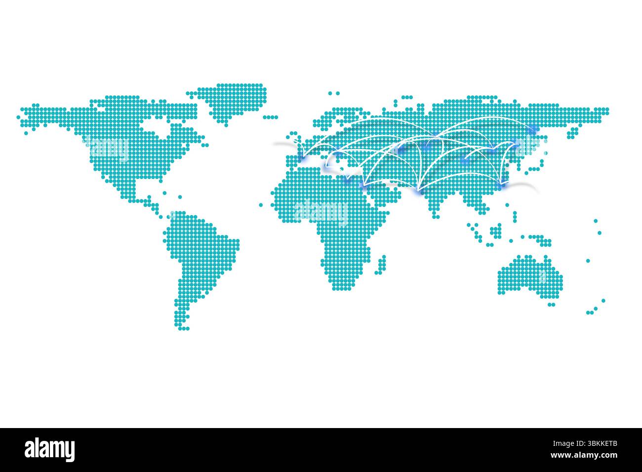 Flat vector world map is showing data routes with turquoise dots on ...