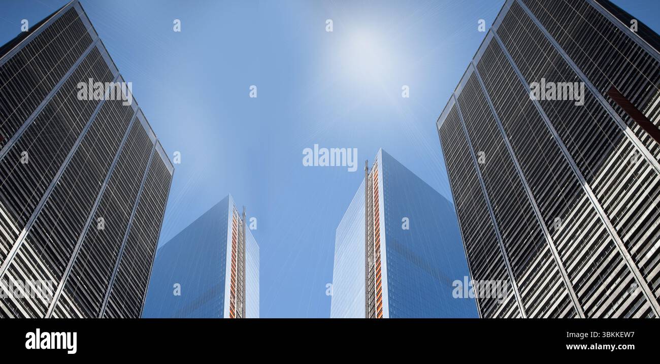 Four glass skyscrapers are rising in flat design urban skyline ...