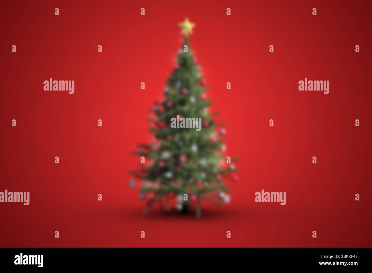 Decorated evergreen tree is standing in flat design on red backdrop ...