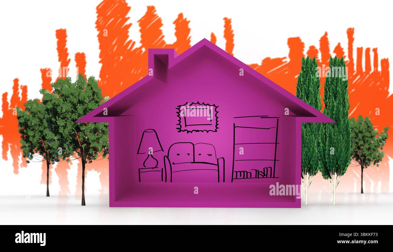 Flat design magenta house is sitting on white base showing interior ...