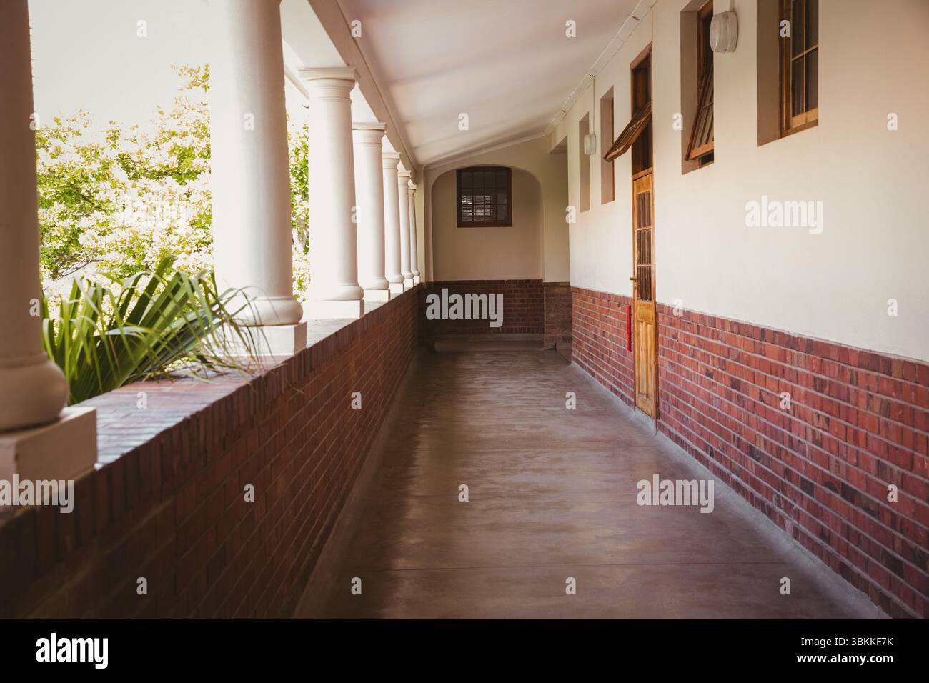 Covered corridor is being shown in flat design featuring white columns ...