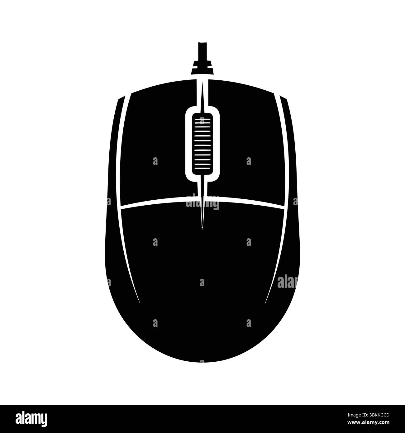 A stark black computer mouse icon, viewed from above, set against a ...