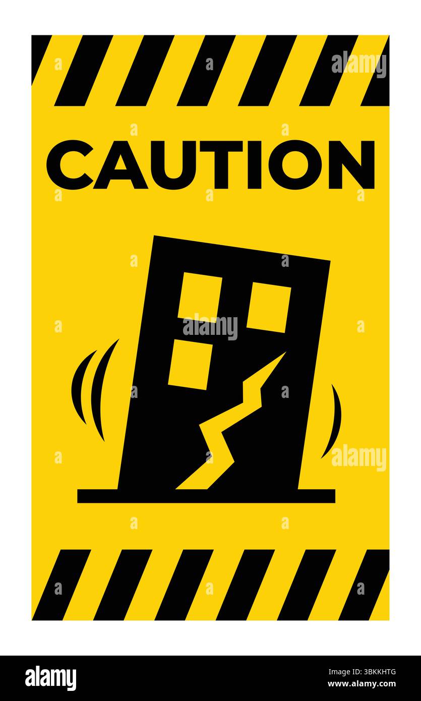 Caution Sign Showing Door With Crack and Warning Symbols in Yellow ...