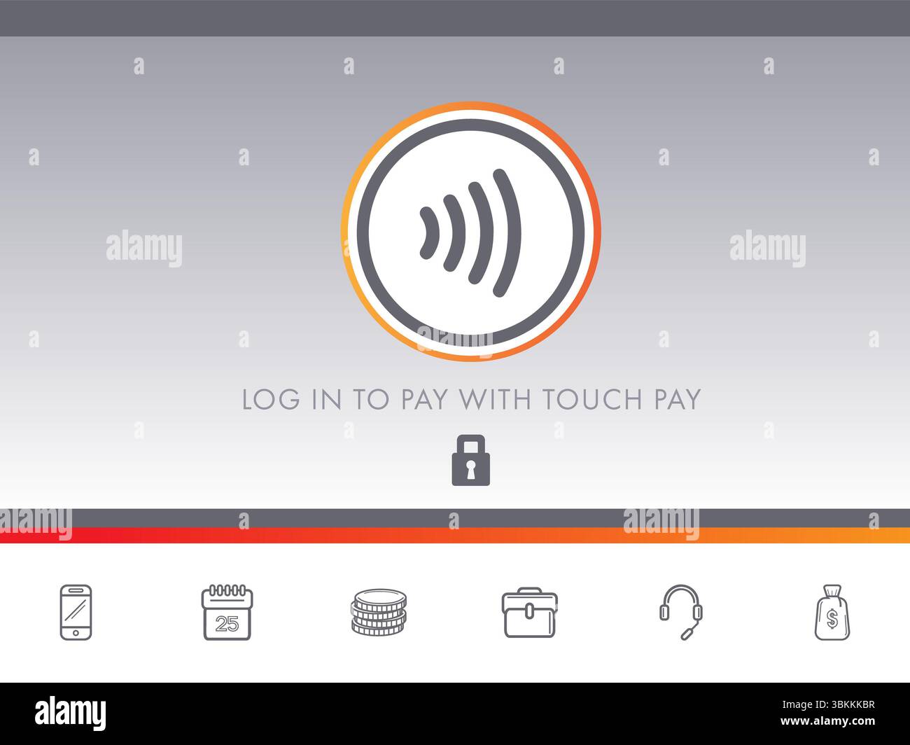 Image of log in to pay with touch pay text with icons on grey ...