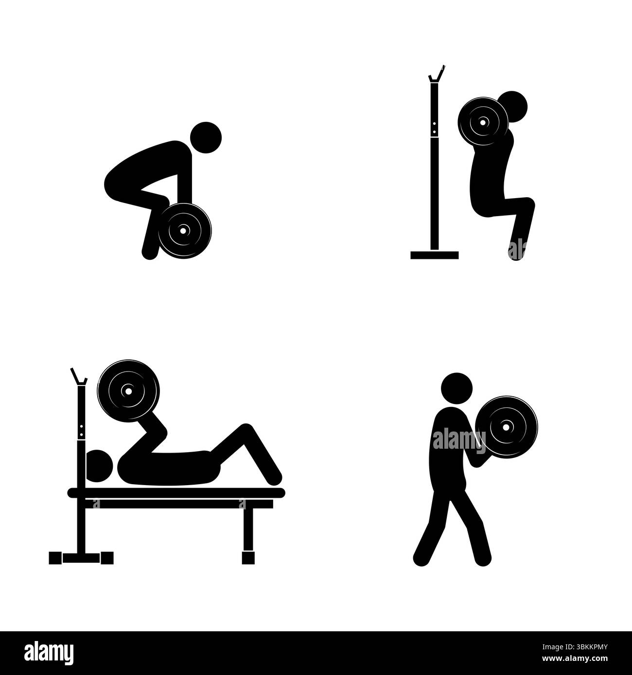 Stick figures, barbell exercises on a bench and standing on a white ...