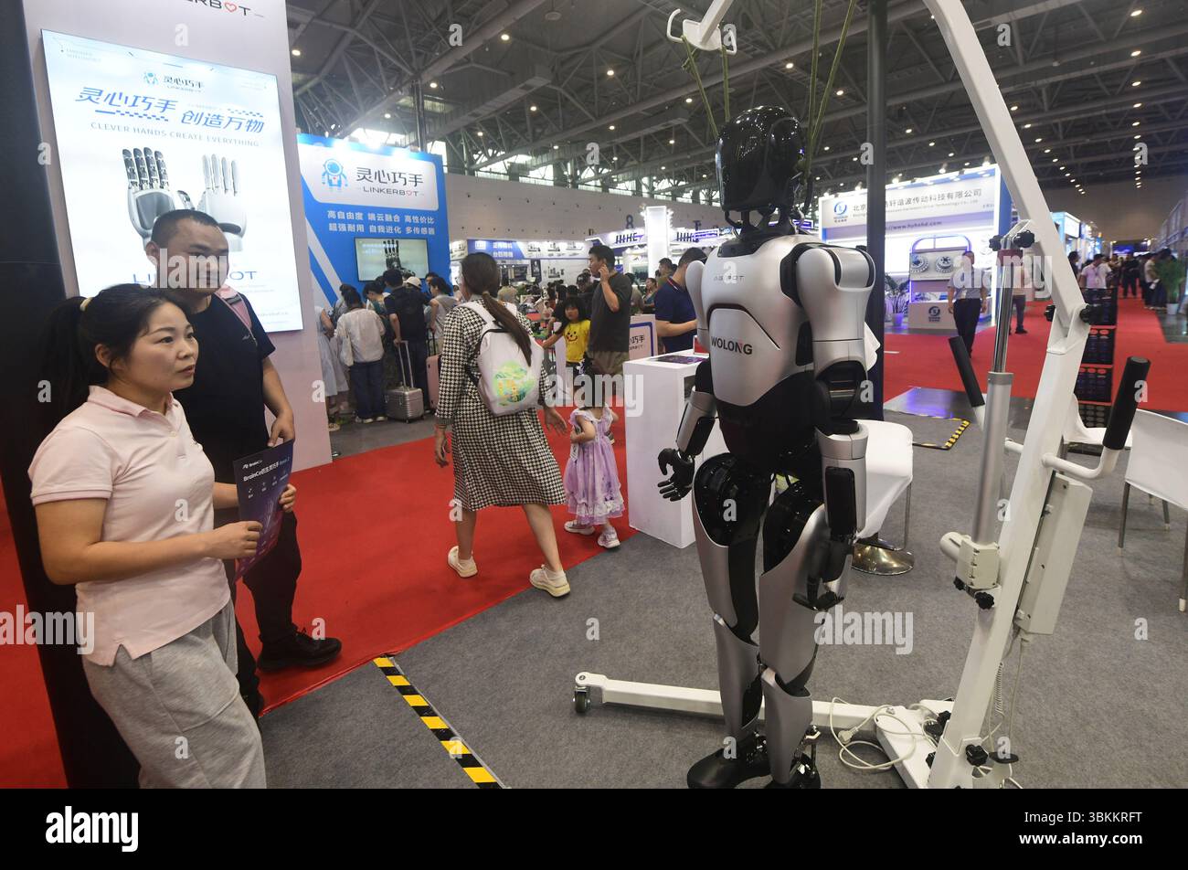 HANGZHOU, CHINA - JUNE 22, 2025 - A visitor is viewing humanoid robots ...