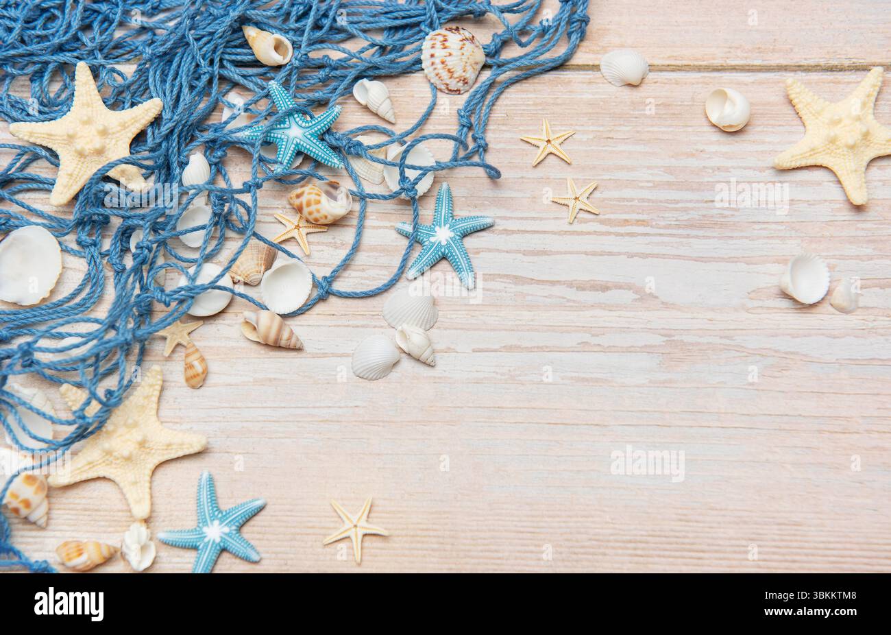Blue fishing net, seashells, and starfishes arranged on light wooden ...