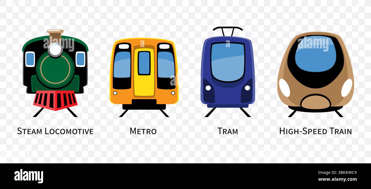 Train types vehicles set cartoon illustration . Included stream ...