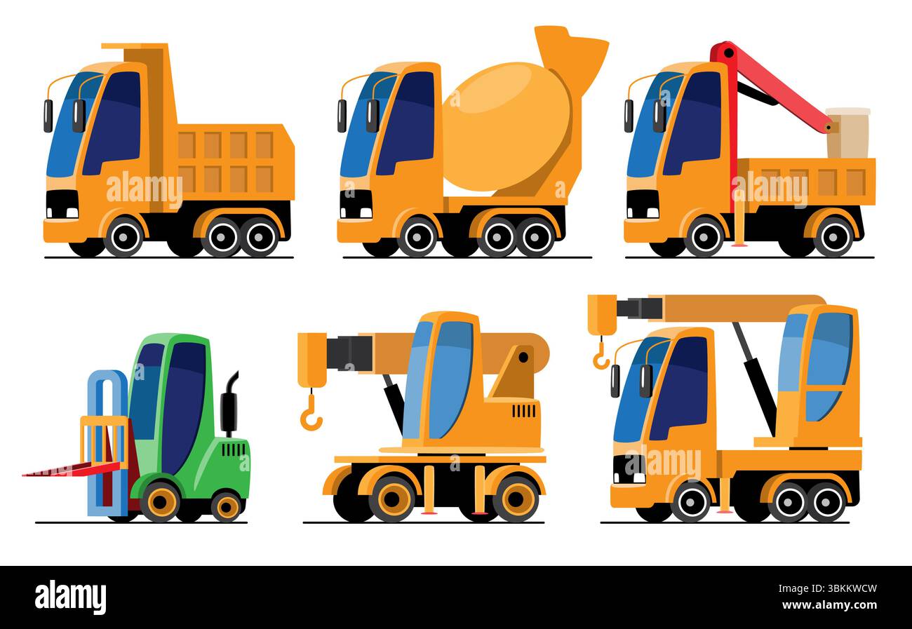 Industrial or Construction Vehicles set cartoon illustration included Dump, Cement Mixer ...