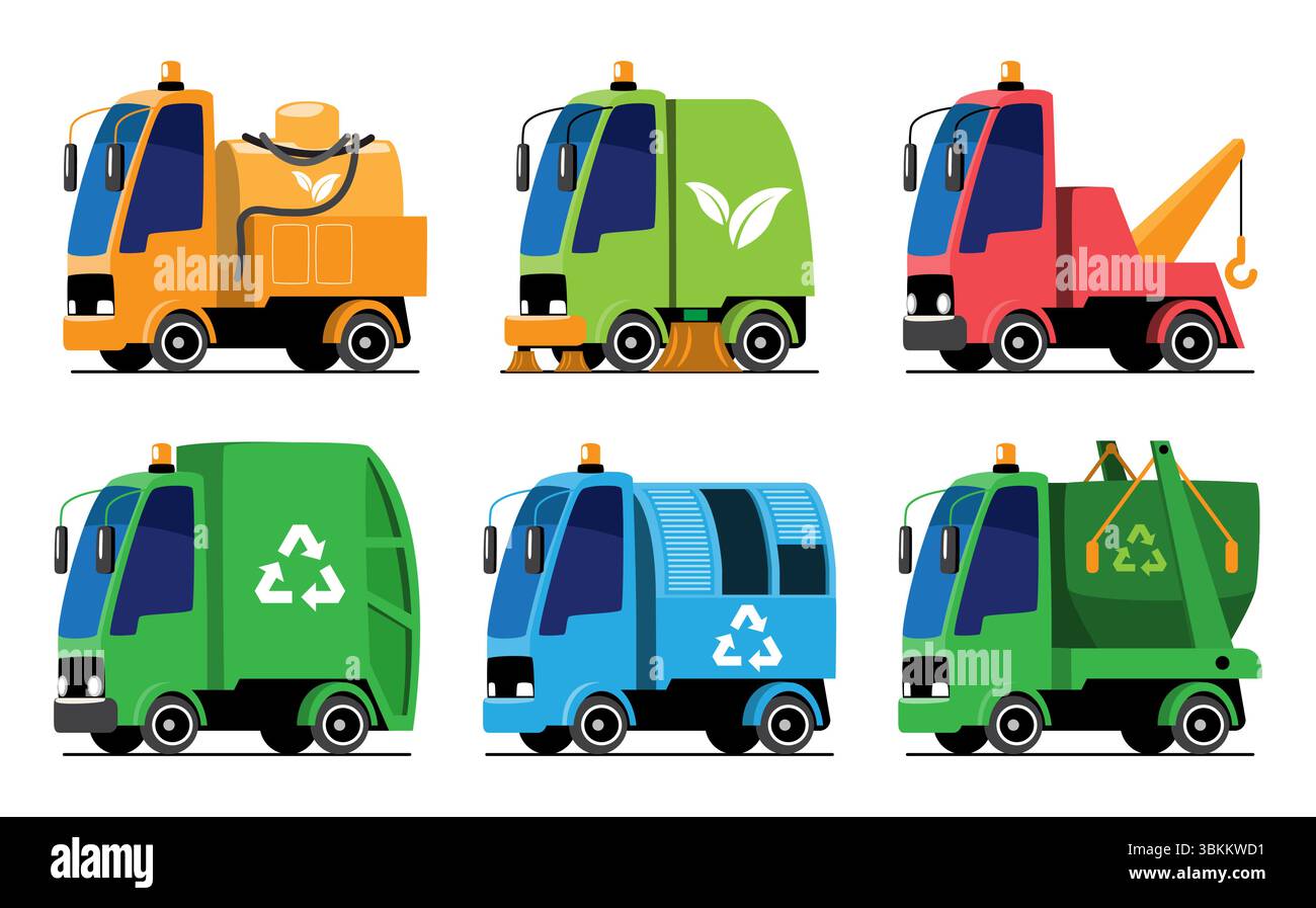 Waste Management Vehicles or Garbage Truck set cartoon illustration ...
