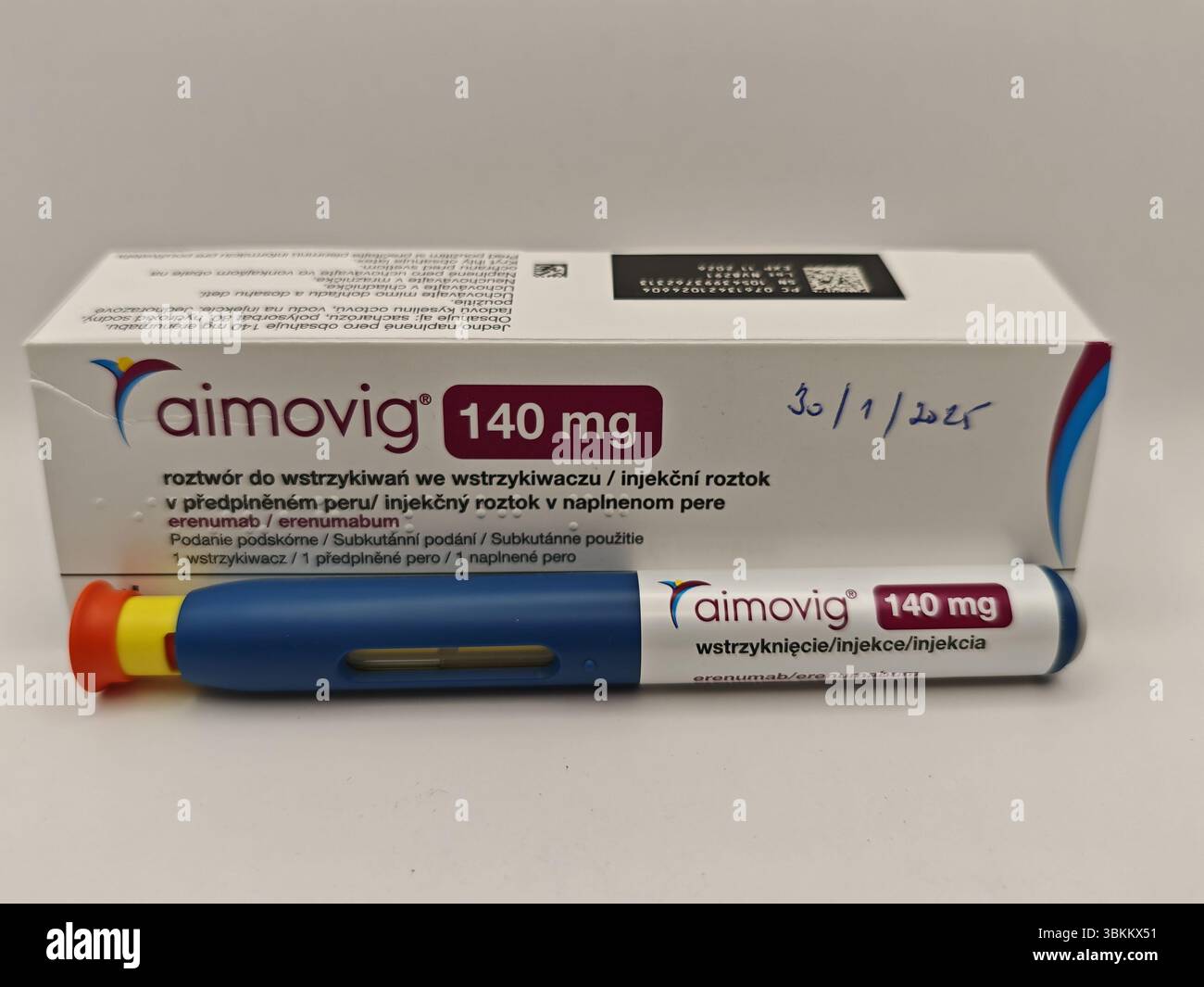 Prague,Czech Republic-April 8 2025: Aimovig injection pen with erenumab ...