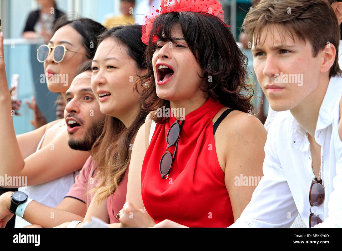 Race fans cheer trackside during a race on Greenwood Stakes Day at ...