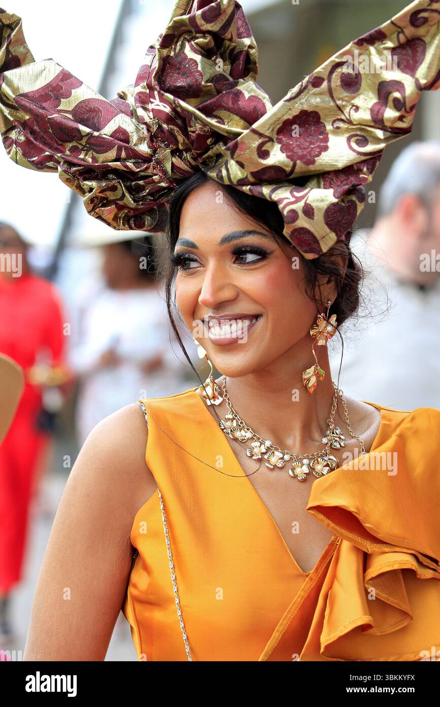 A race fan wears a fancy hat trackside for the Greenwood Stakes day ...