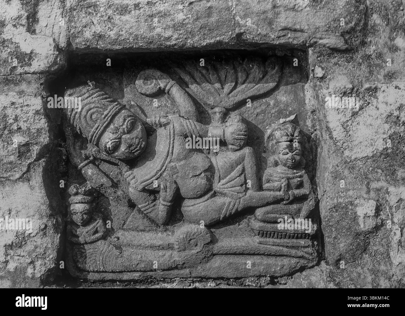 Black and white photo of relief carving of Hindu God Sheshshahi Vishnu ...