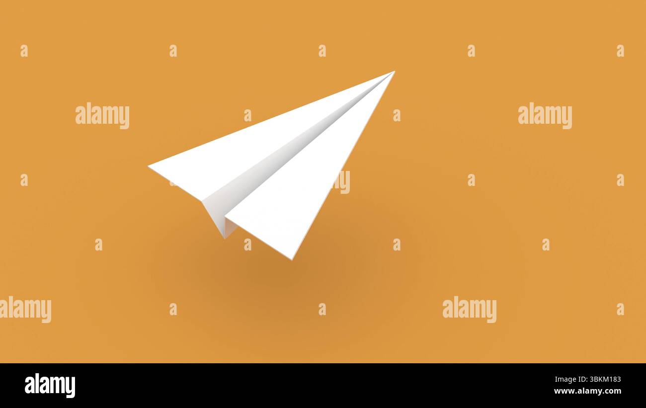 Paper white airplane symbol of letter delivery flying on orange bg 3d ...