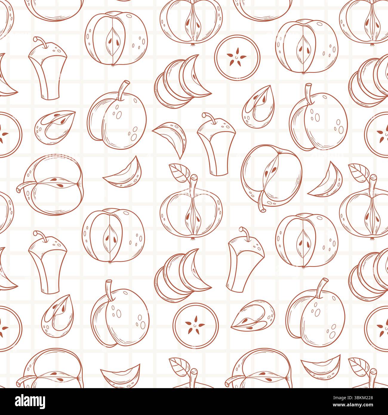 Seamless outline pattern with apple on white checkered background. Line ...