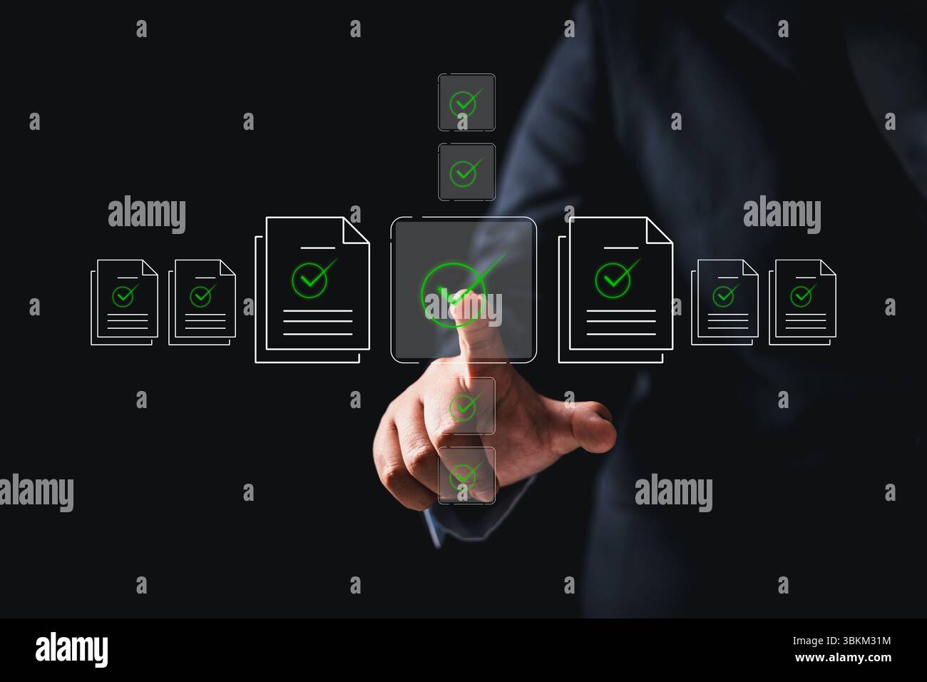 Businesswoman approving digital documents online checklist interface, embracing concept of ...