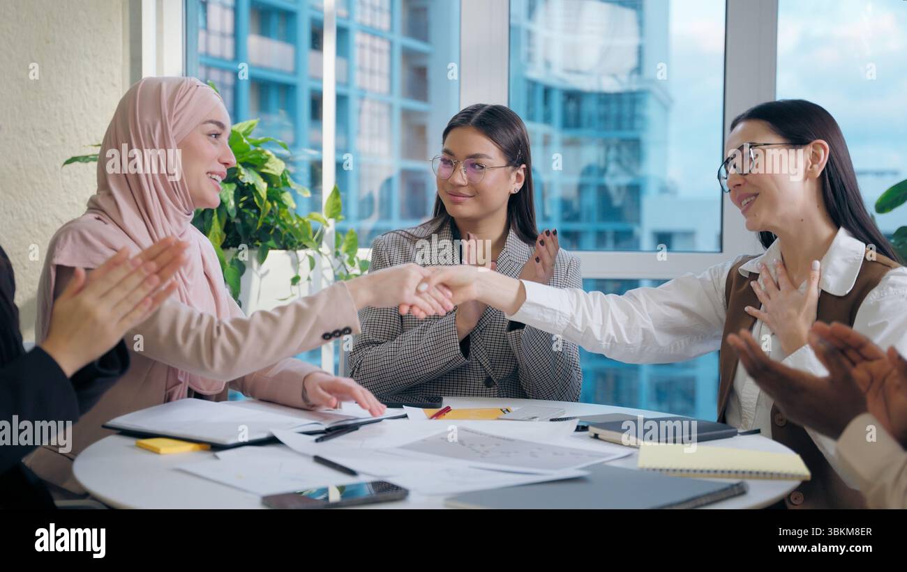 Laughing positive business meeting multiethnic women females team girls ...