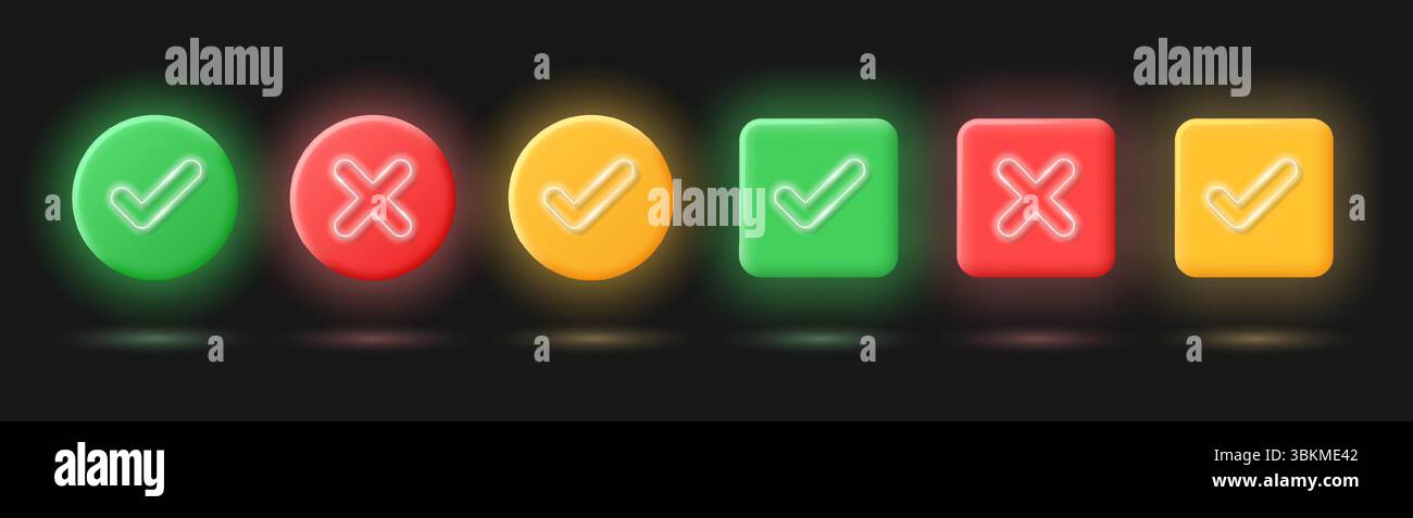 Realistic check mark and cross icons of round and square shapes in 3D ...