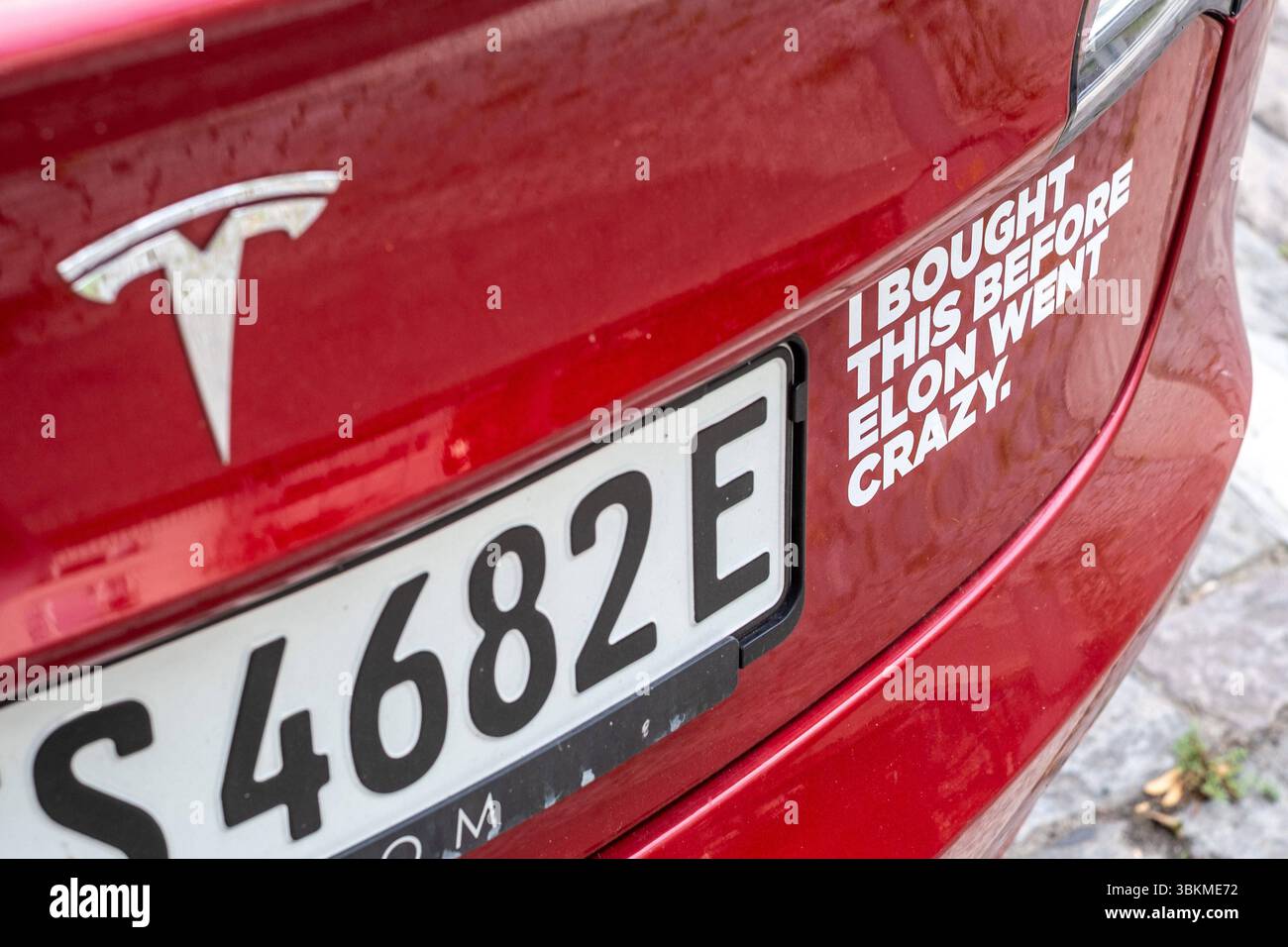I BOUGHT THIS BEFORE ELON WENT CRAZY - Aufkleber an einem Tesla in ...
