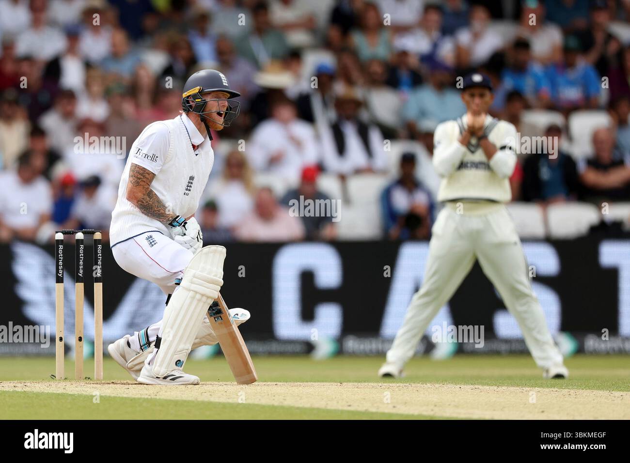 England's captain Ben Stokes reacts after playing a shot during day ...