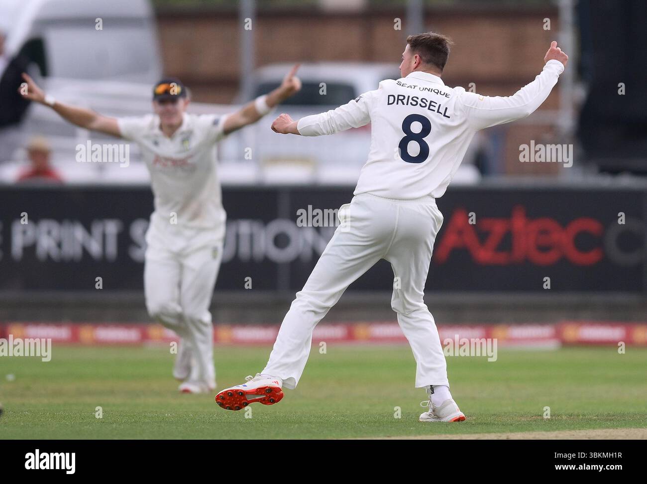 Durham's George Drissell celebrates bowling out Sussex's Tom Clark ...