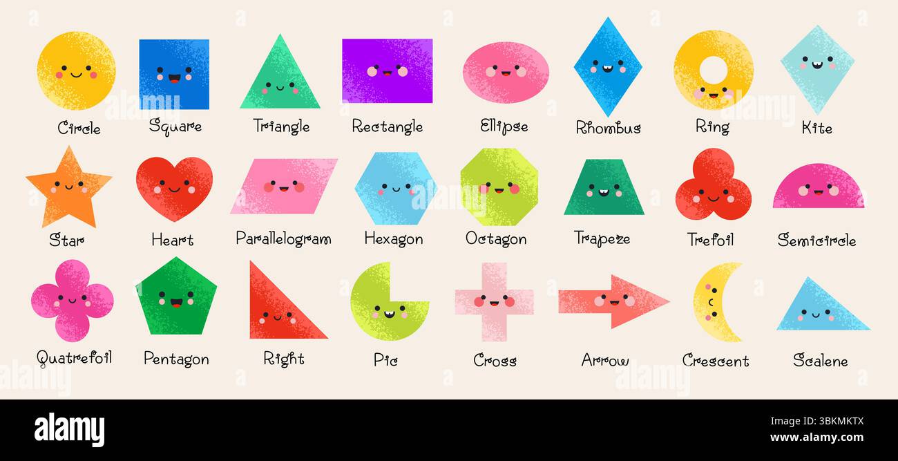 Geometric shapes for kids. A set of cute, funny basic figures with ...