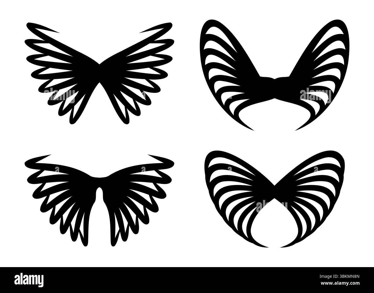 Collection of four stylized black wing silhouettes isolated on a white ...