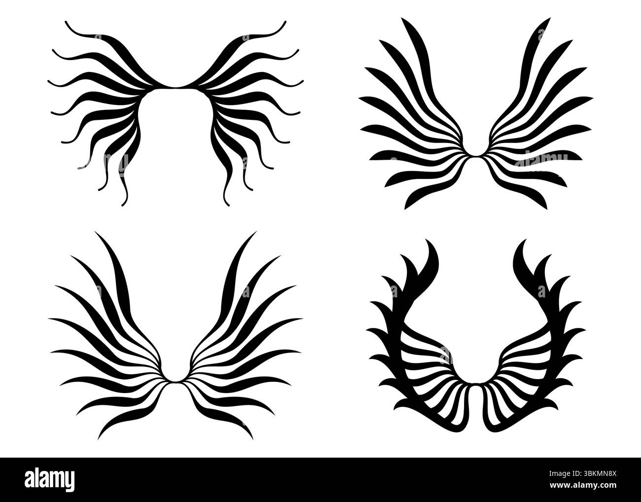 Collection of four stylized black wing designs on a white background ...