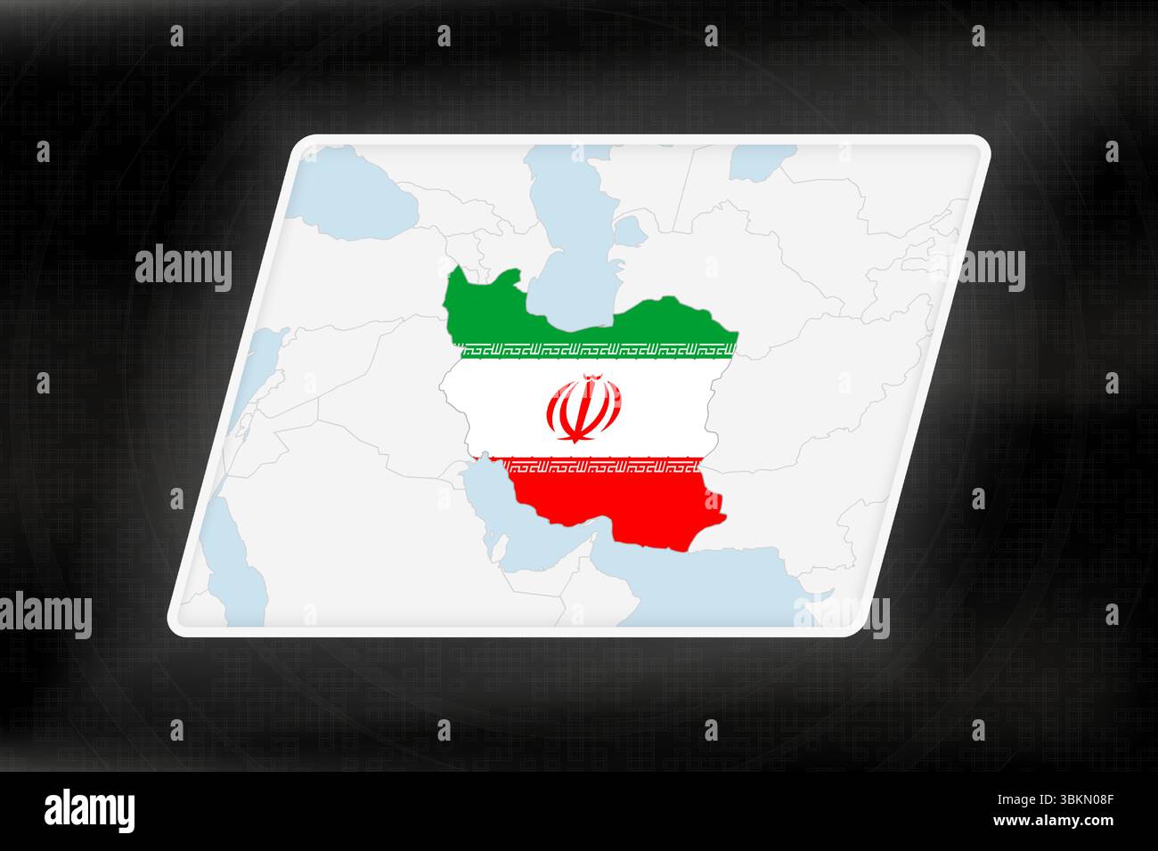 Iran Highlighted in Flag Colors on Geographic Map. Modern Map on a dark ...