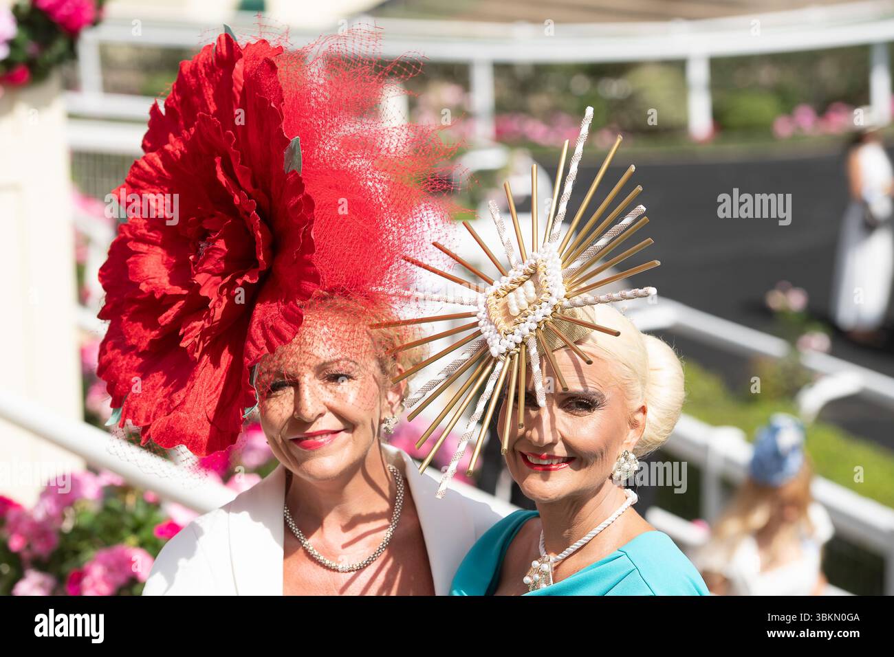 Ascot, Berkshire, UK. 21st June, 2025. Milliners Viv Jenner and Rachel ...