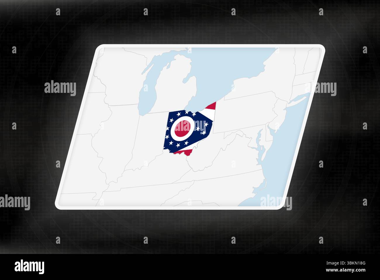 Ohio Highlighted in Flag Colors on Geographic Map. Modern Map on a dark ...