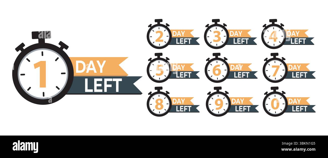 Countdown days left banner. 0, 1, 2, 3, 4, 5, 6, 7, 8, 9 days left icon ...