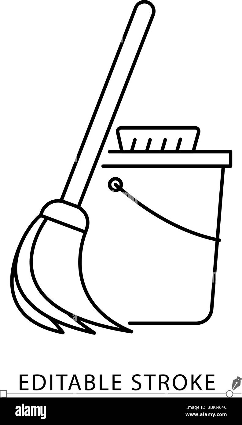 Mop and bucket icon in minimal linear style with editable stroke ...