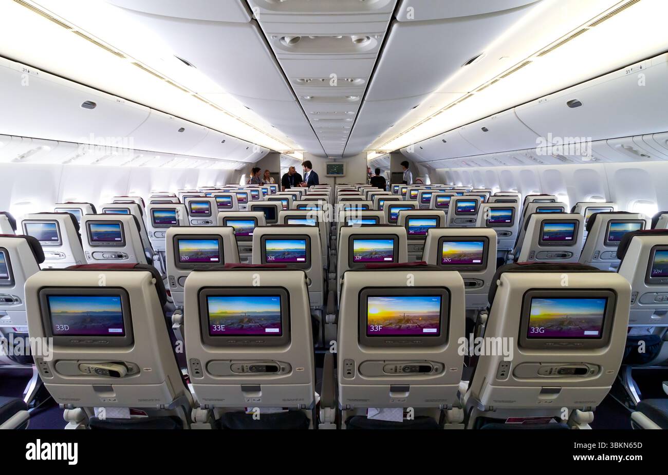 Interior cabin view of the Qatar Airways Boeing 777-300ER airliner at ...