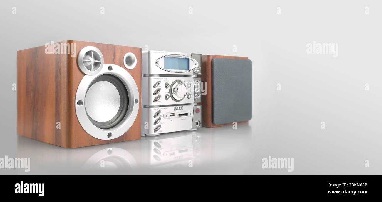 Compact stereo system cd player with radio and loudspeakers isolated on ...