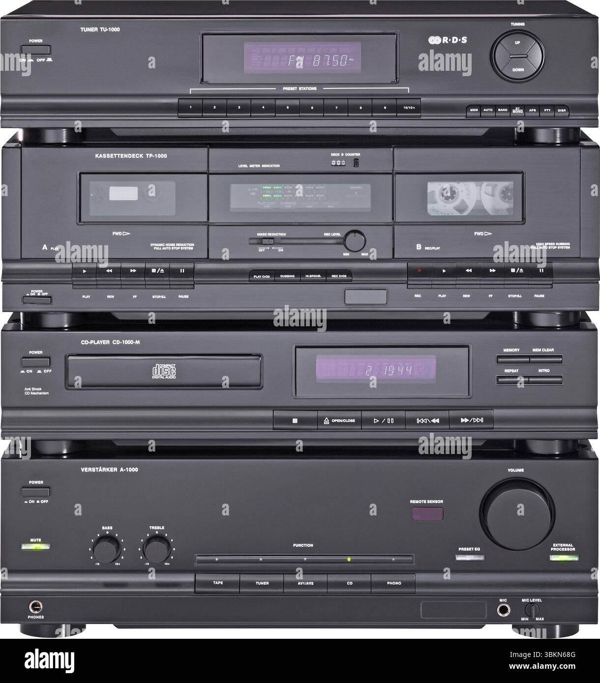 Vintage black integrated Hi-Fi music system on white background Stock ...