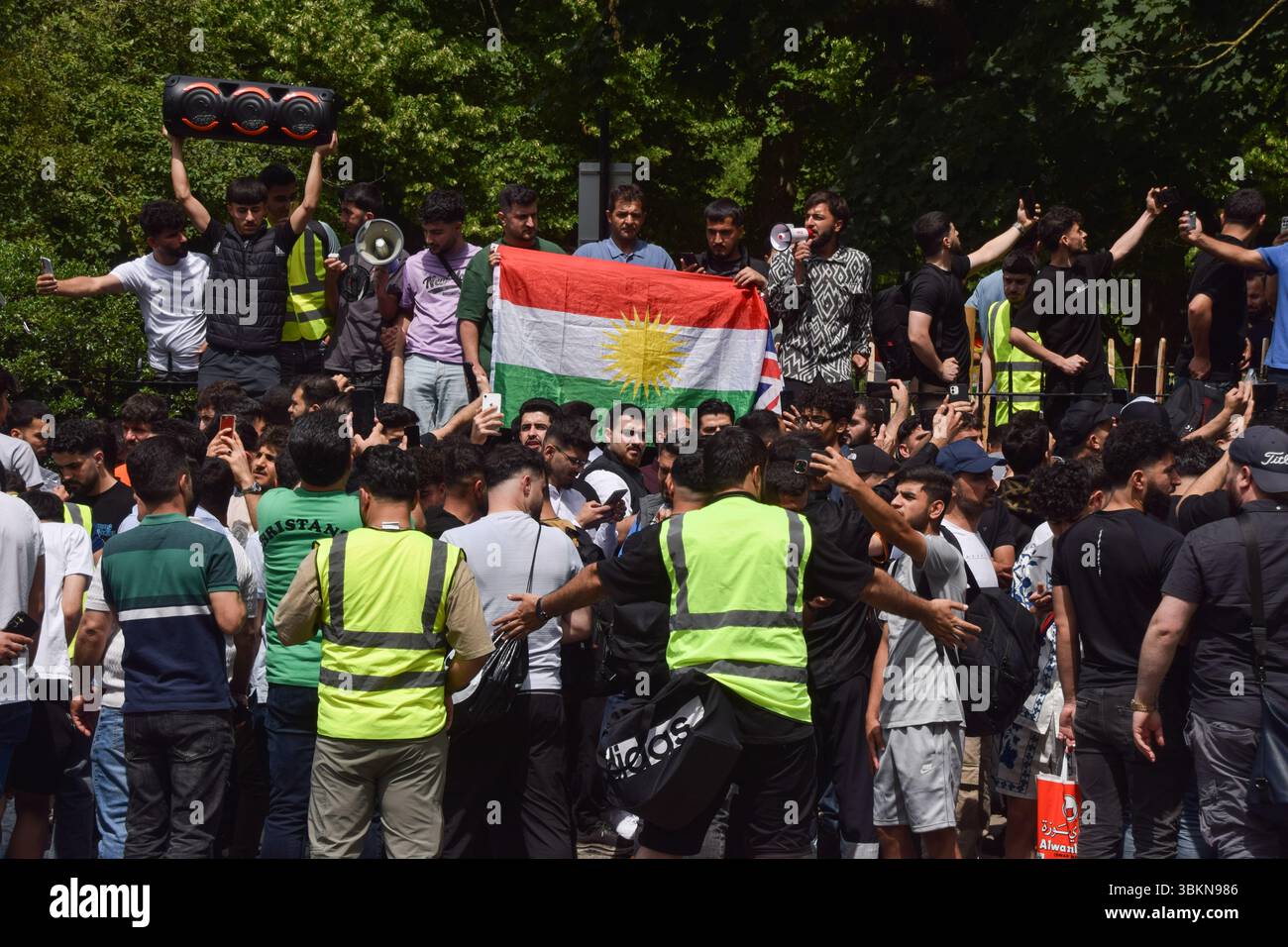 London, UK. 22nd June 2025. Members of the Kurdish community gather ...