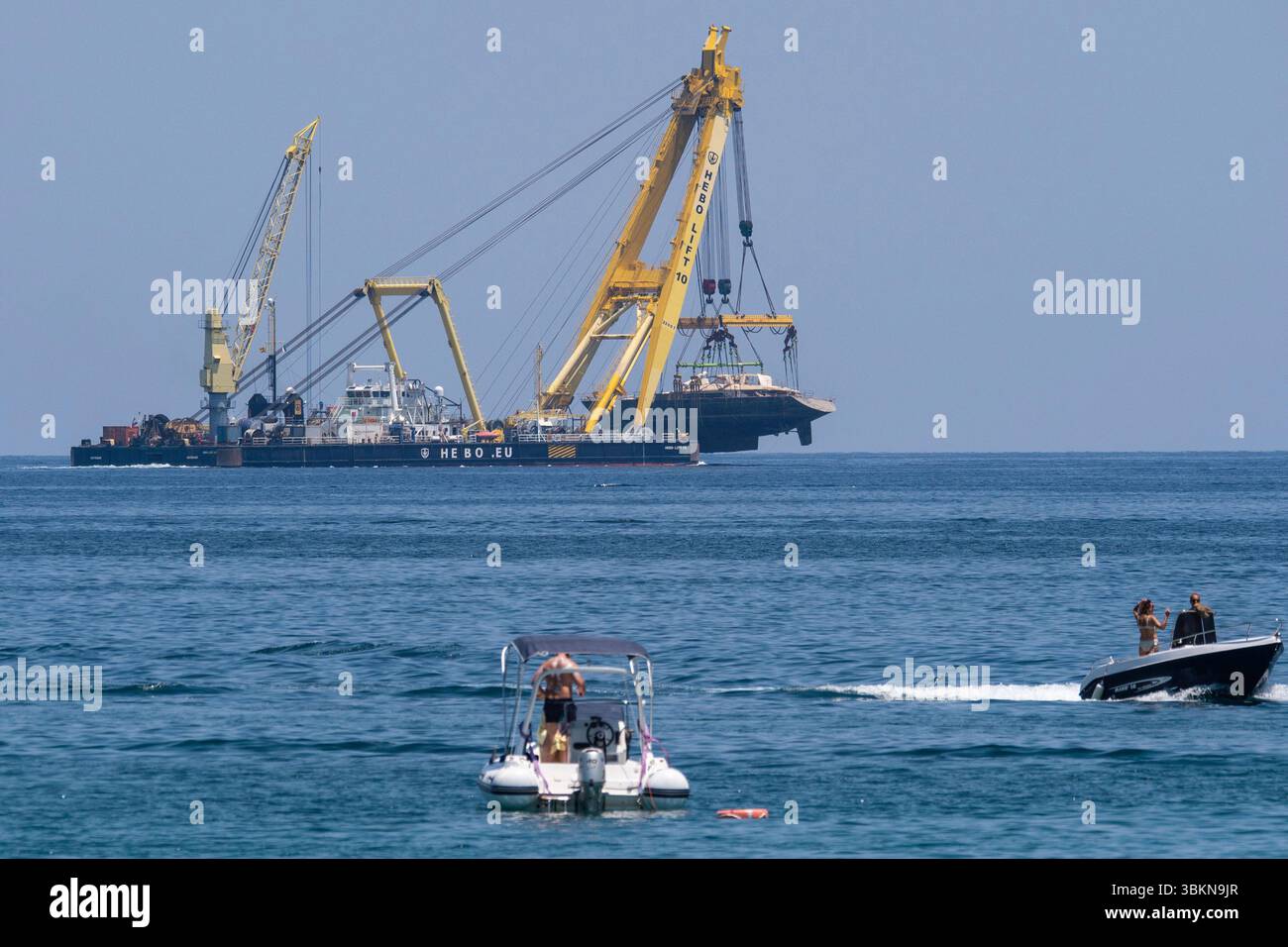 The hull of the superyacht Bayesian, which sank near Palermo, Sicily ...
