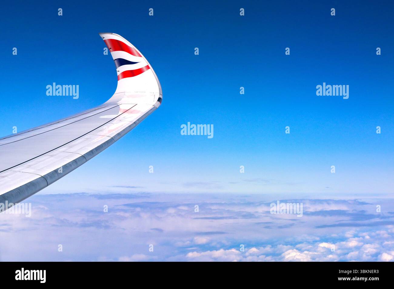En route London to Denver, USA - 20 May 2025: Curved tip of a wing on a ...