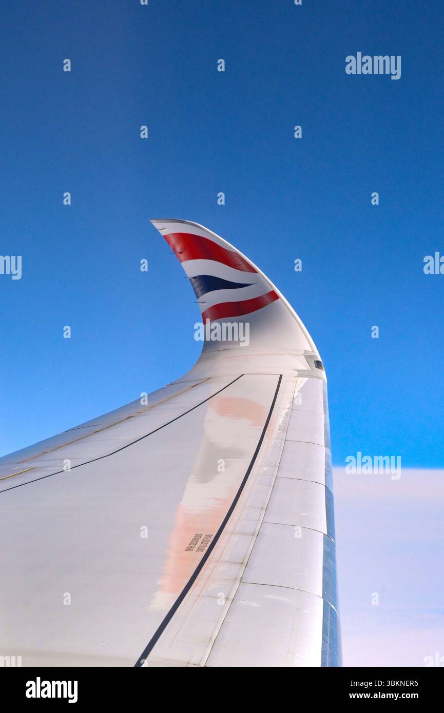 En route London to Denver, USA - 20 May 2025: Curved tip of a wing on a ...