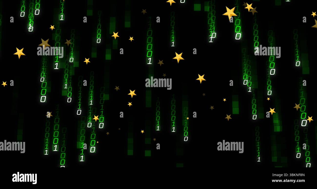 Cascading green binary code streams spanning frame in digital environment, with golden star ...