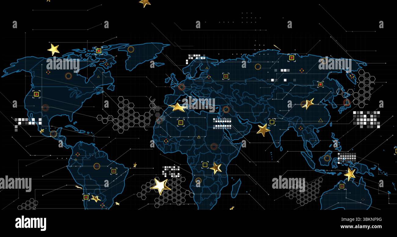 Digital world map displaying connections in cyber interface, with gold ...