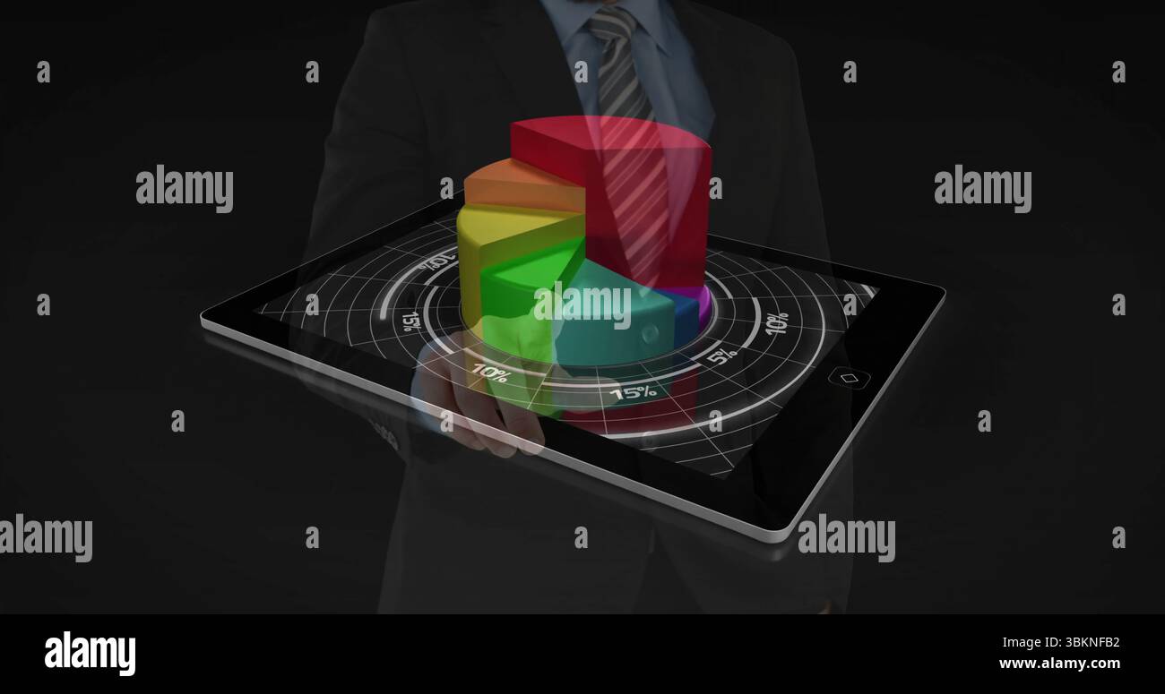 Business professional holding tablet projecting 3D pie chart in studio ...