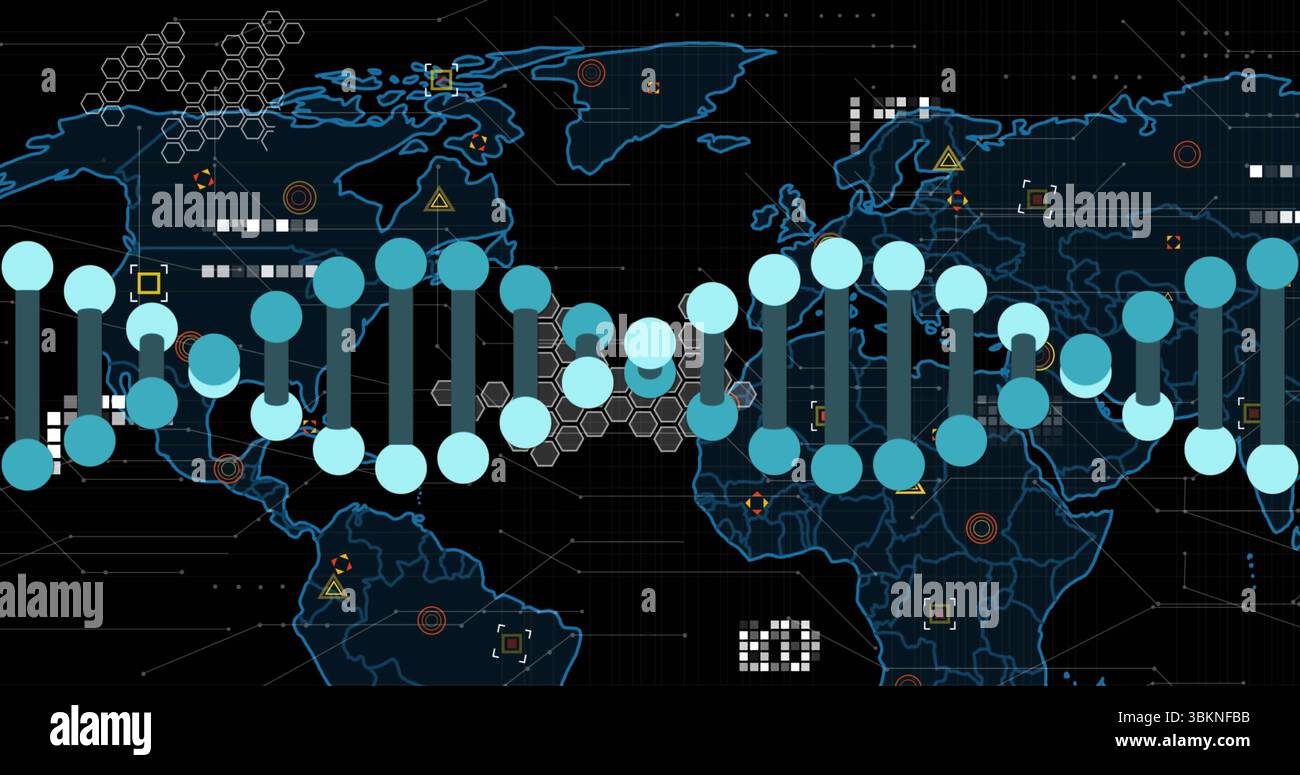 Displaying stylized DNA helix rotating on interface, with world map ...